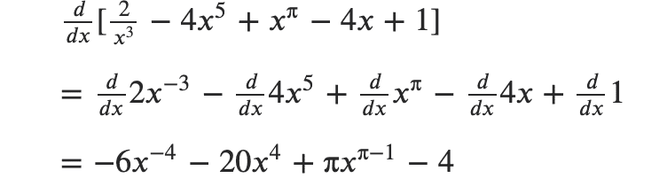 Differentiate y=2/x^3-4x^5+x^pi-4x+1