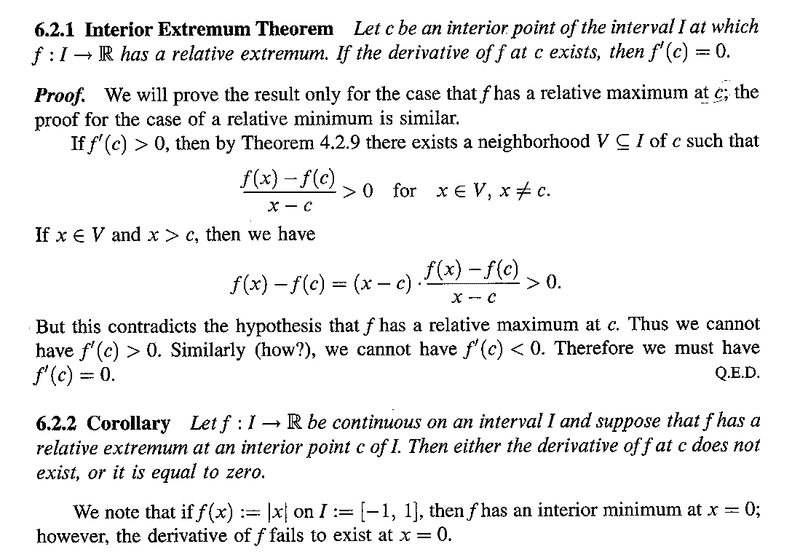 Corollary To The Interior Extremum Theorem 